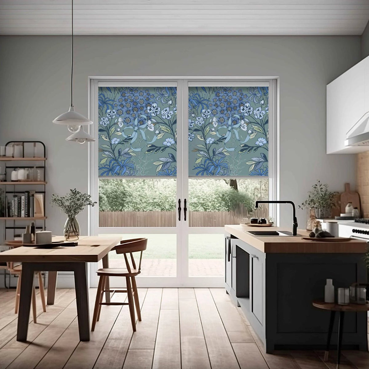 Blue Floral Motorized Window Shades and Blinds, Custom Roller Blinds for Windows, Linen Window ...