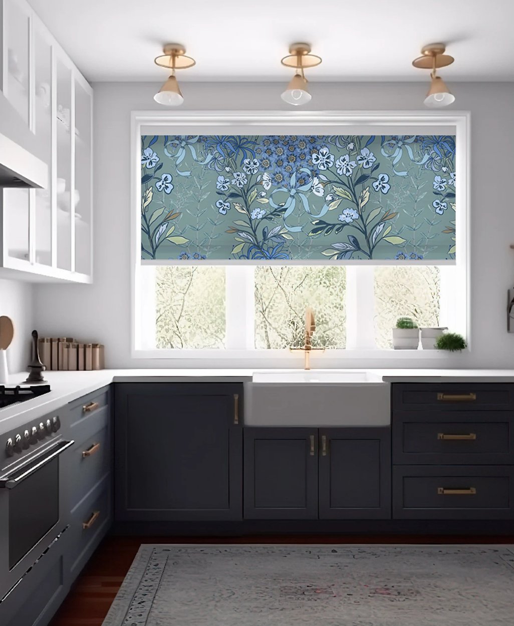 Blue Floral Motorized Window Shades and Blinds, Custom Roller Blinds ...