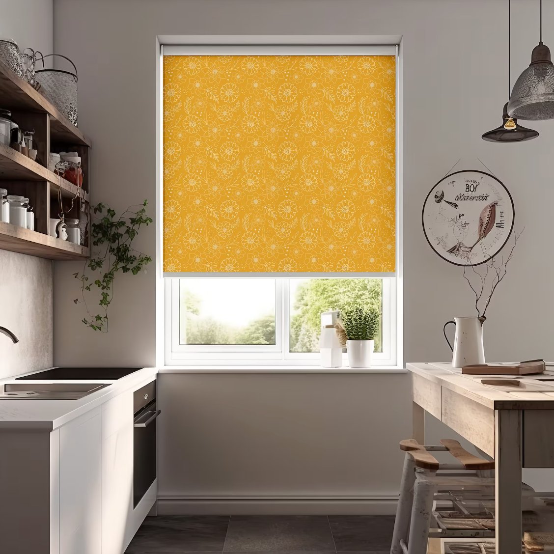 Yellow Flowers Custom Printed Blackout Roller Blinds, French Door ...